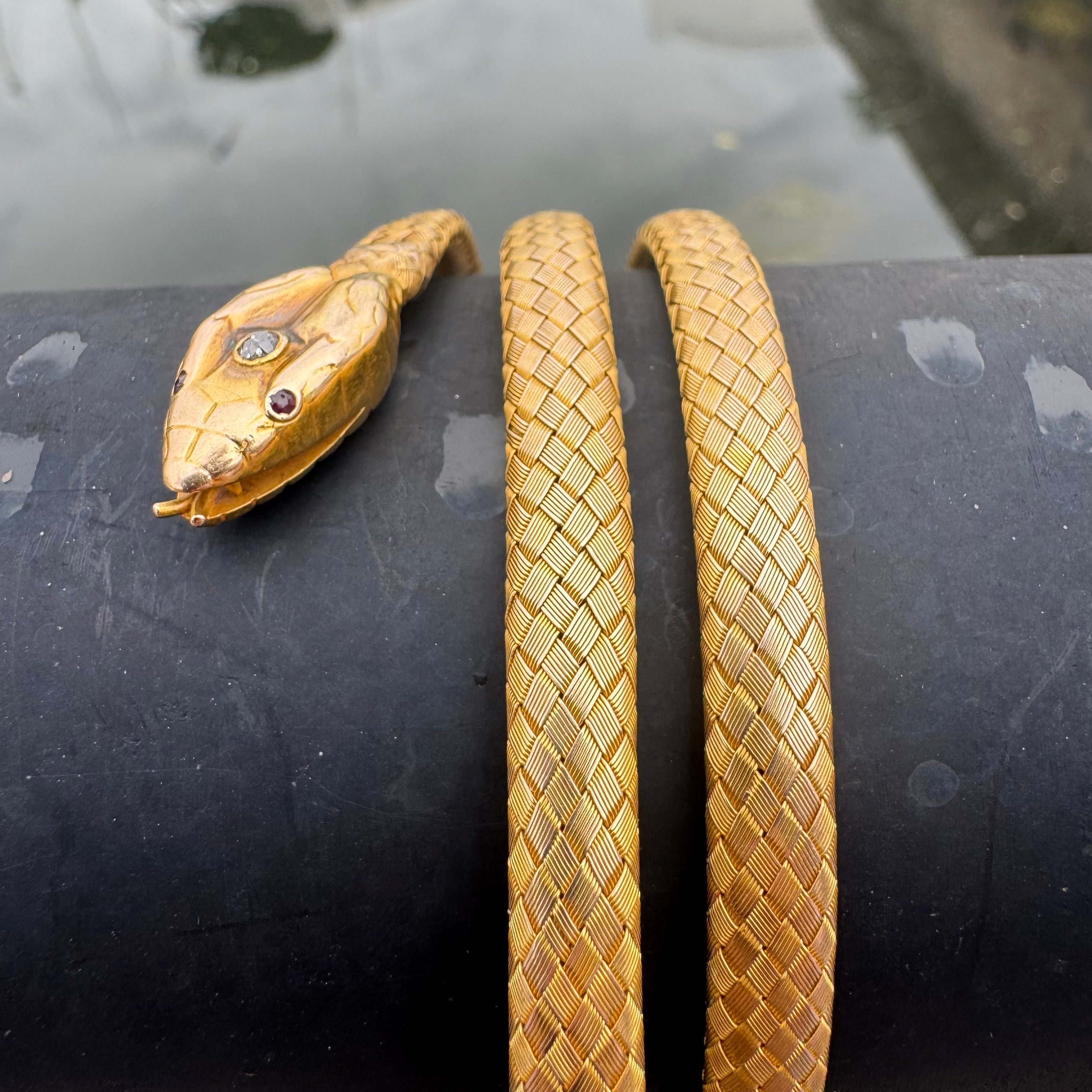 Circa 1840’s Early Victorian 19.7k Yellow Gold Woven Flexible Snake Ba ...